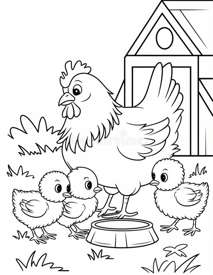 Beautiful Coloring Page for Kids with Hen Stock Illustration ...