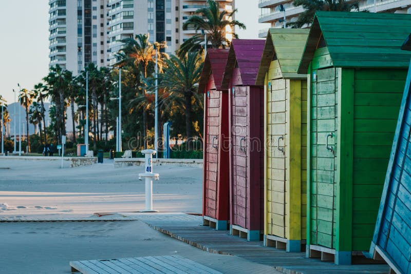 Beautiful Coloured Beach Huts in Spain Stock Photo - Image of coastal ...