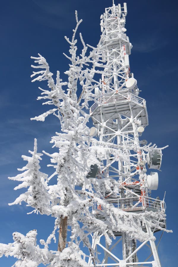 Communications Tower in Winter Landscape Stock Image - Image of park ...