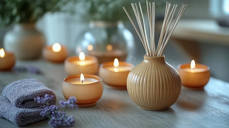 Beautiful Composition Featuring a Spa Set with Burning Candles and an ...