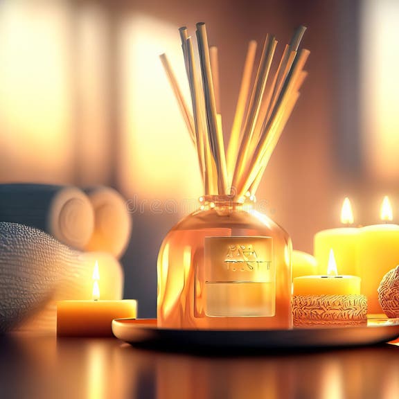 Beautiful Composition Featuring a Spa Set with Burning Candles and an Aromatic Reed Diffuser on ...