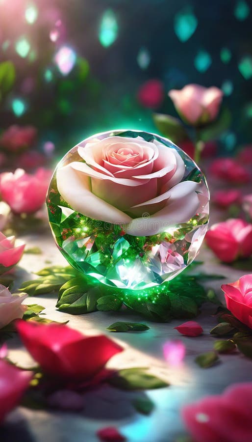 A Beautiful Composition with a Pink Rose Inside a Transparent Crystal ...