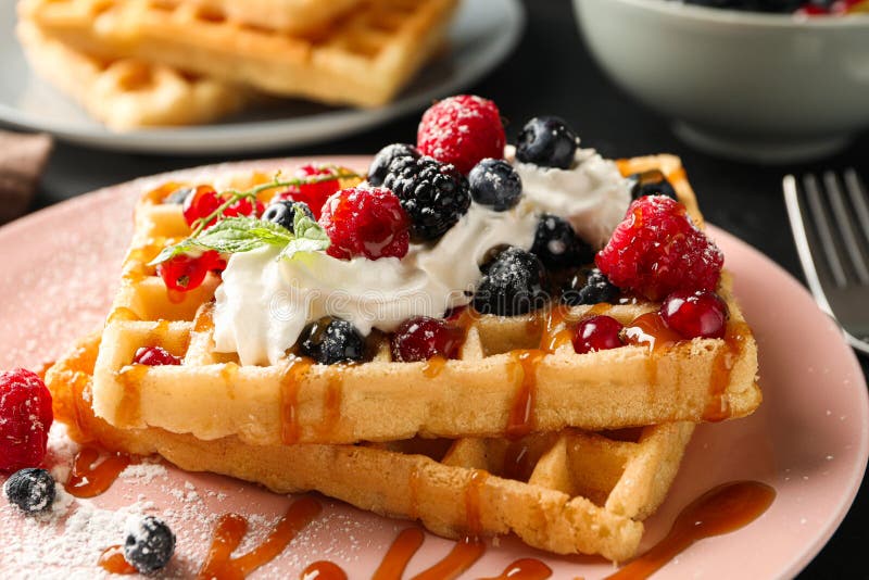Beautiful Composition with Sweet Belgian Waffles Stock Photo - Image of ...