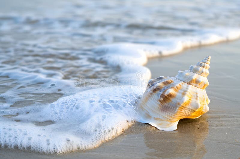 Beautiful Conch Shell on Beach with Gentle Waves Stock Illustration ...