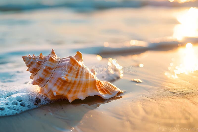 Beautiful Conch Shell on Beach with Waves at Golden Hour Stock ...