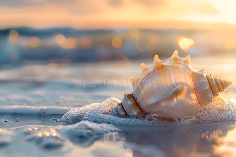 Beautiful Conch Shell on Beach with Waves at Golden Hour Stock ...