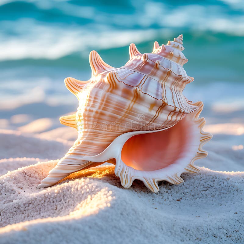 Beautiful Conch Shell Glowing in Golden Sunset Light on Sandy Beach ...