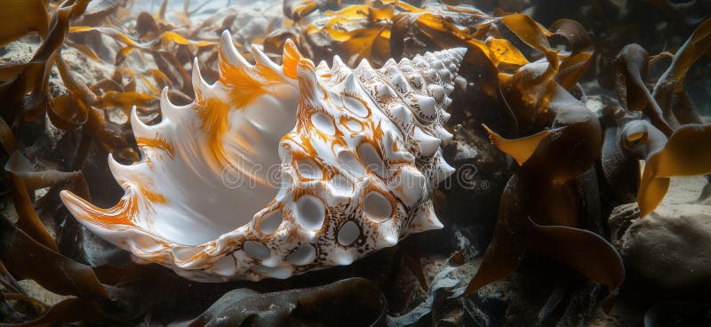 Beautiful Conch Shell Surrounded by Seaweed in Underwater Environment ...