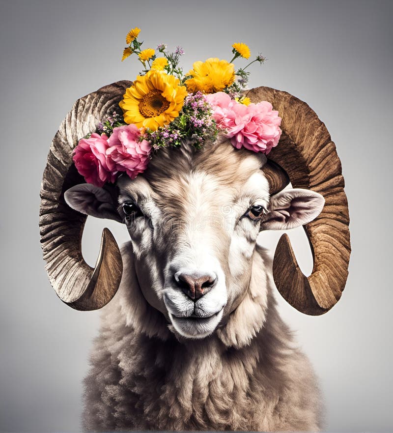 Beautiful Cool Ram Portrait with Flowers on Head, AI Stock Illustration ...