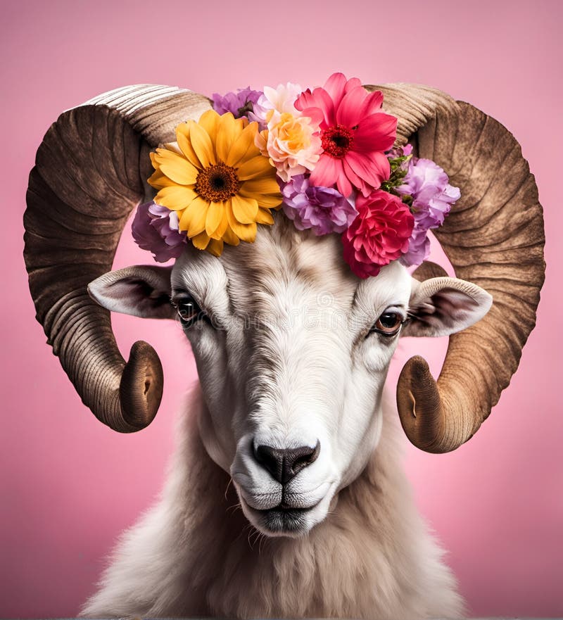 Beautiful Cool Ram Portrait with Flowers on Head, AI Stock Illustration ...