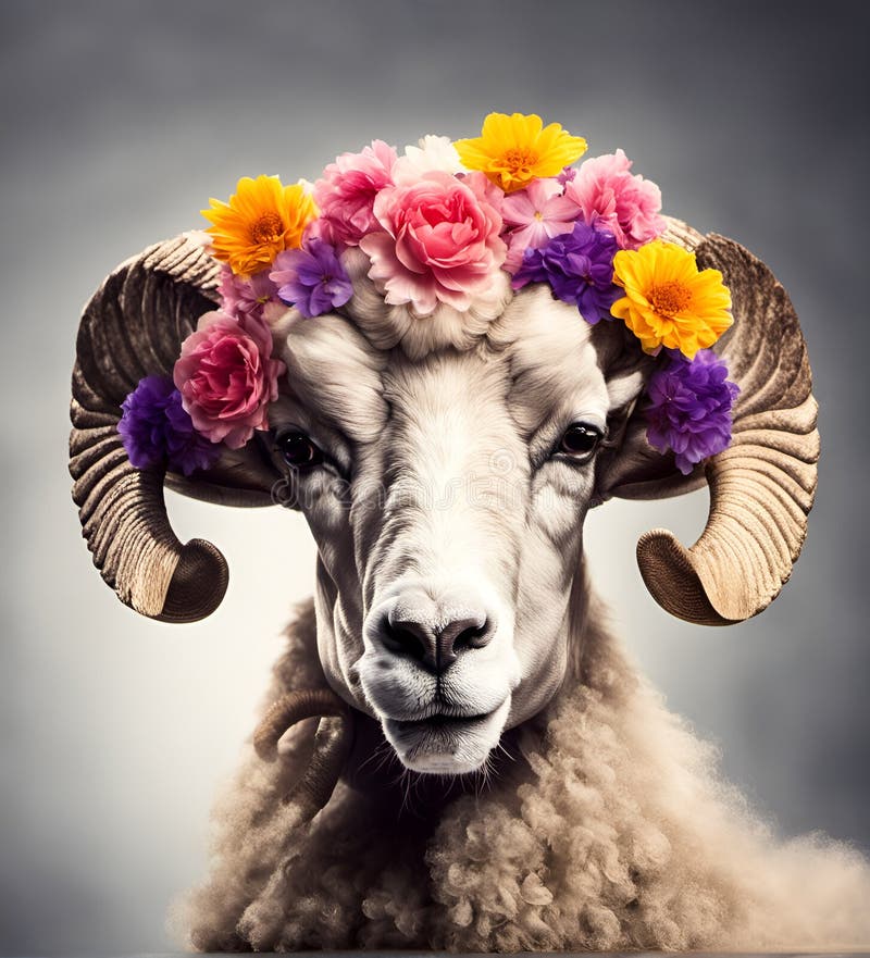 Beautiful Cool Ram Portrait with Flowers on Head, AI Stock Illustration ...