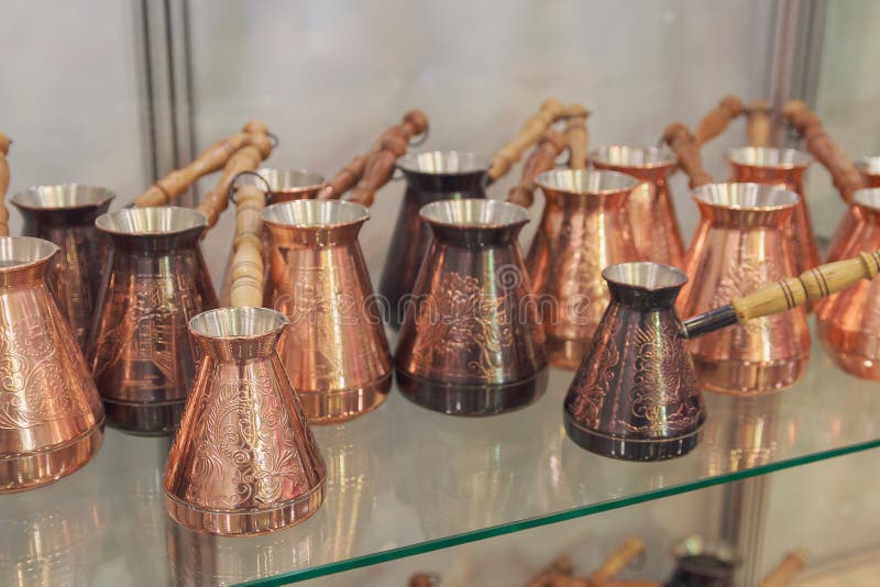 Beautiful Copper Cezve on the Shelves Stock Photo - Image of ...