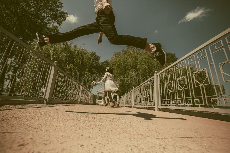 Beautiful Couple on the Bridge Stock Image - Image of embracing, groom ...