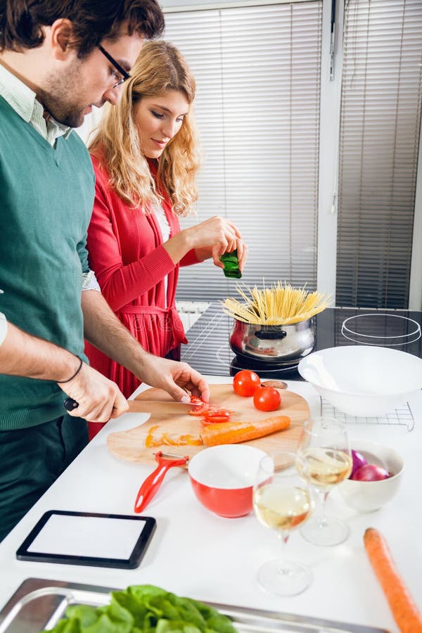 Beautiful Couple Cooking Together Stock Image - Image of interior, food ...