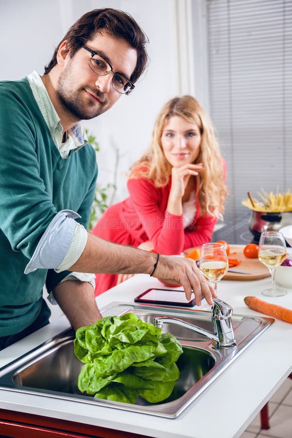 Beautiful Couple Cooking Together Stock Image - Image of preparing ...