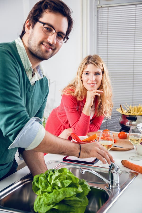 Beautiful Couple Cooking Together Stock Image - Image of affectionate ...