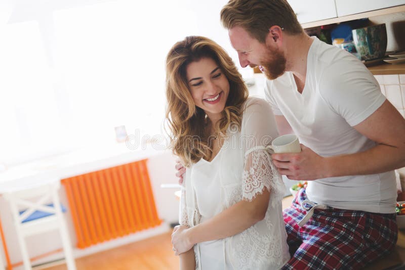Beautiful Couple Having Fun Being Romantic in the Morning Stock Photo ...