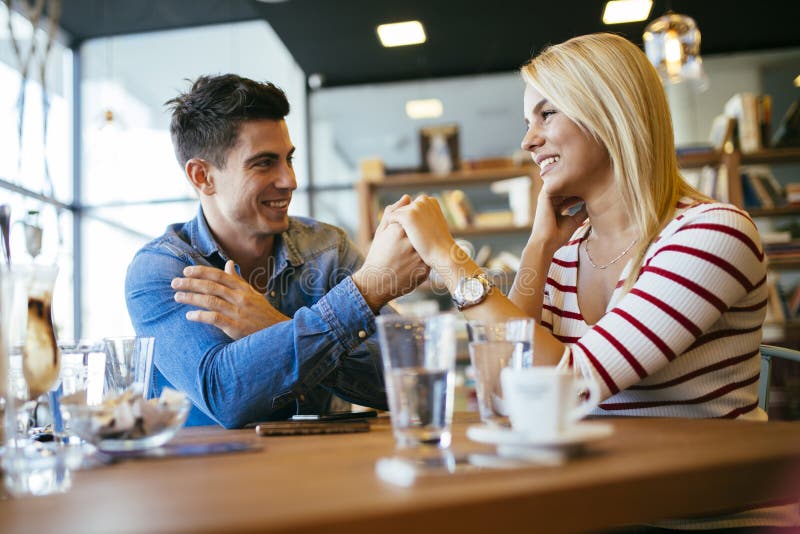 Beautiful Couple in Love Flirting in Cafe Stock Photo - Image of ...