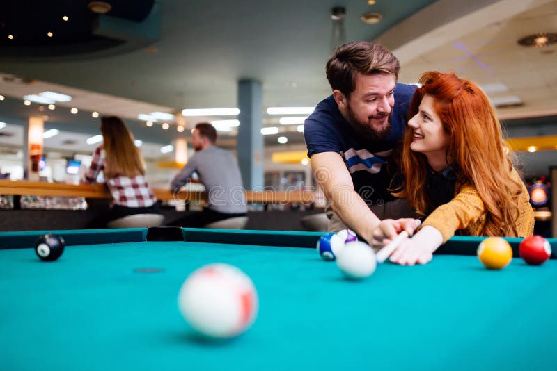 Beautiful Couple Playing Billiards Stock Image - Image of activity ...