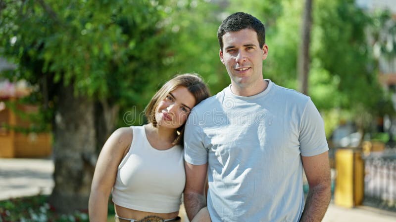 Beautiful Couple Smiling Confident Standing Together at Park Stock ...