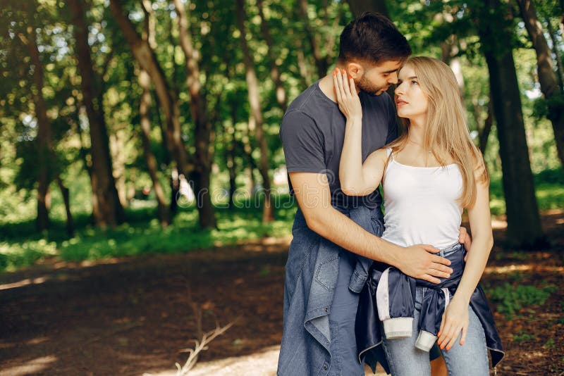 Beautiful Couple Spend Time On A Summer Forest Stock Image Image Of