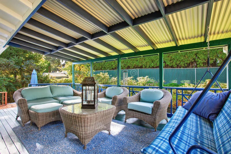 Beautiful Covered Back Deck. Stock Image - Image of american, blue ...