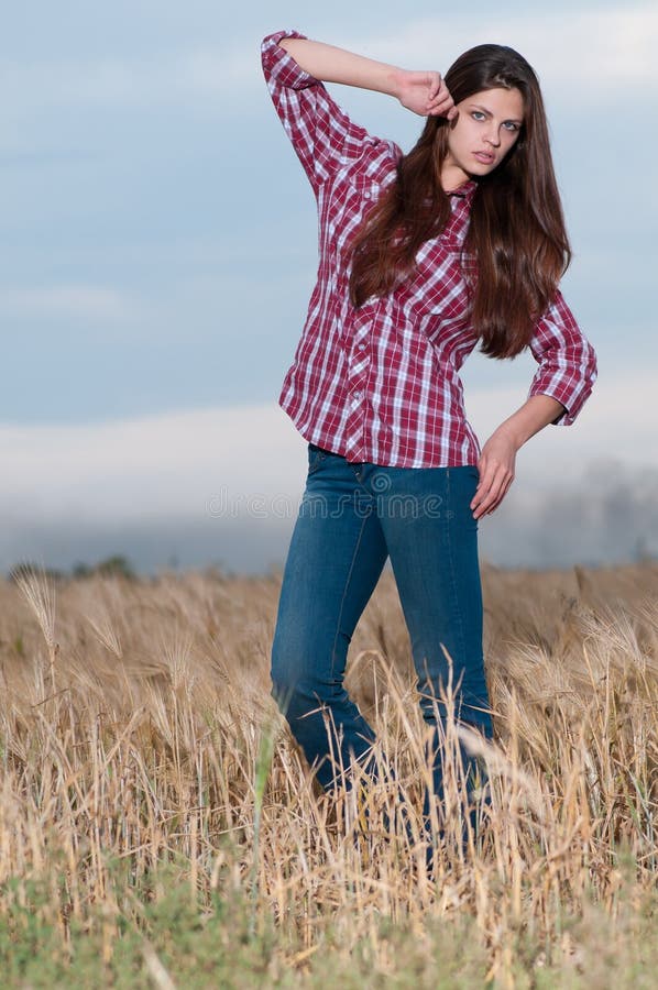 Cowgirl Woman Smiling Happy on Country Farm Landscape Wearing Cowboy ...