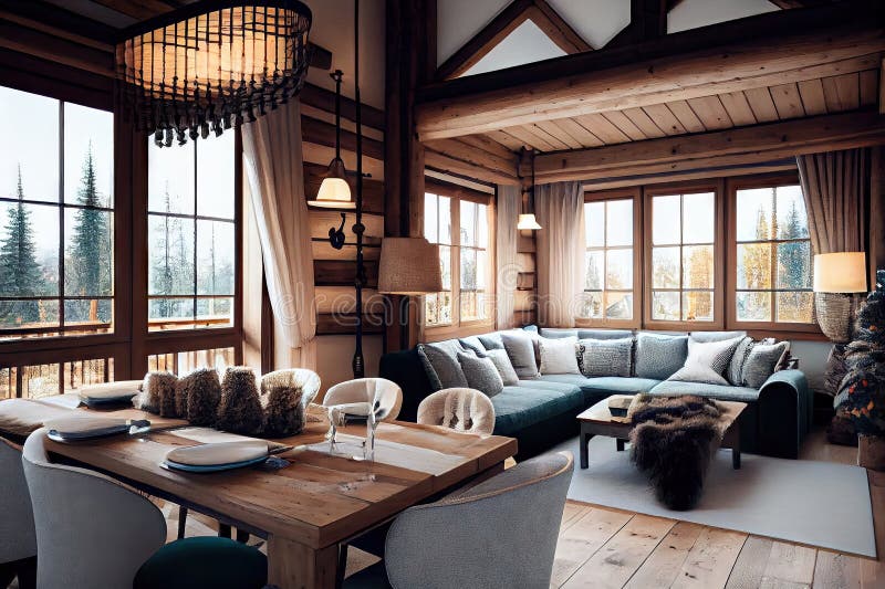Beautiful Cozy Living Room with Sofa and Big Dining Table on Chalet ...