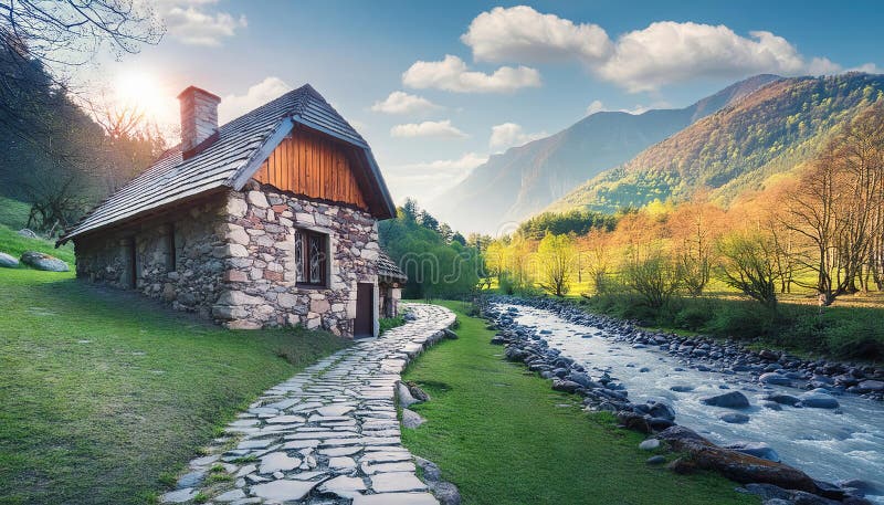 Beautiful Cozy Stone Cottage in a Spring Forest Aside a Cobblestone ...