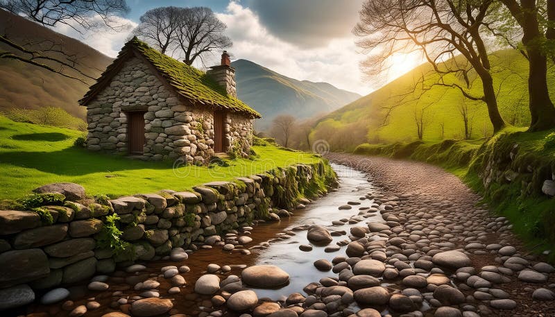 Beautiful Cozy Stone Cottage in a Spring Forest Aside a Cobblestone ...