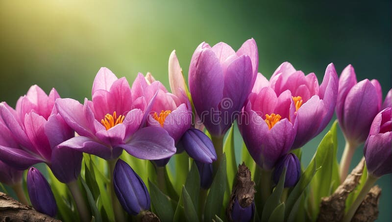 Beautiful Crocus Flowers on Green Background Close-up Spring Concept ...