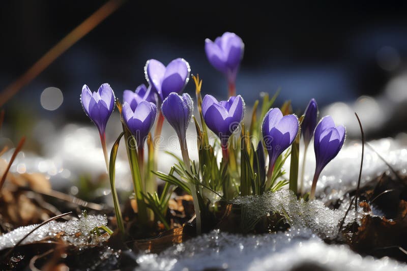 Beautiful Crocus Flowers in the Snow. First Spring Flowers. Made with ...