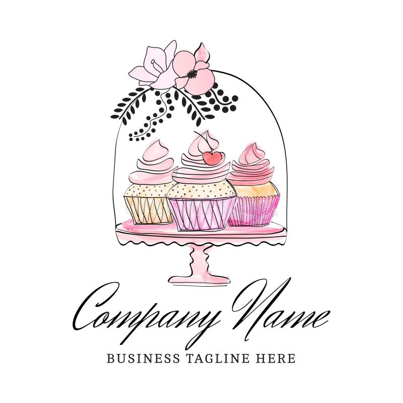 Beautiful Cupcakes in Cake Holder. Watercolor Doodle Style Logo Stock ...