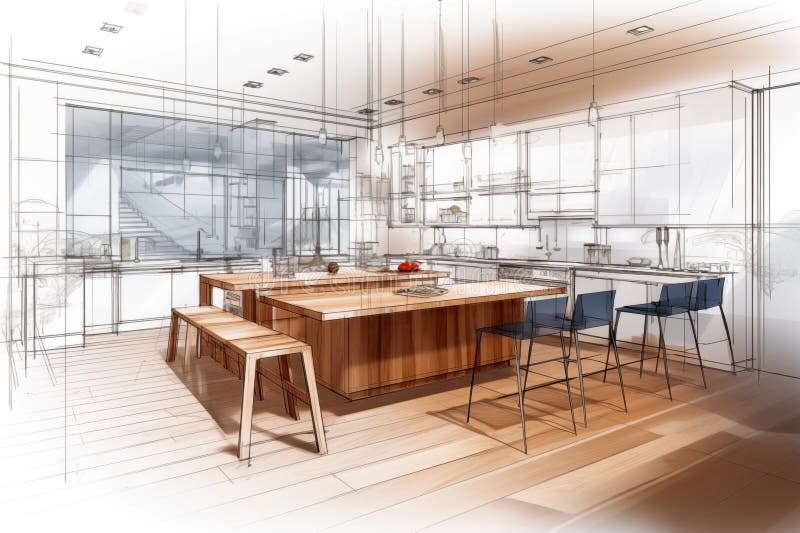 Architectural Pencil Drawing of Kitchen Interior with Wooden Accents ...
