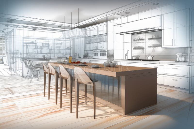 Architectural Pencil Drawing of Kitchen Interior with Wooden Accents ...