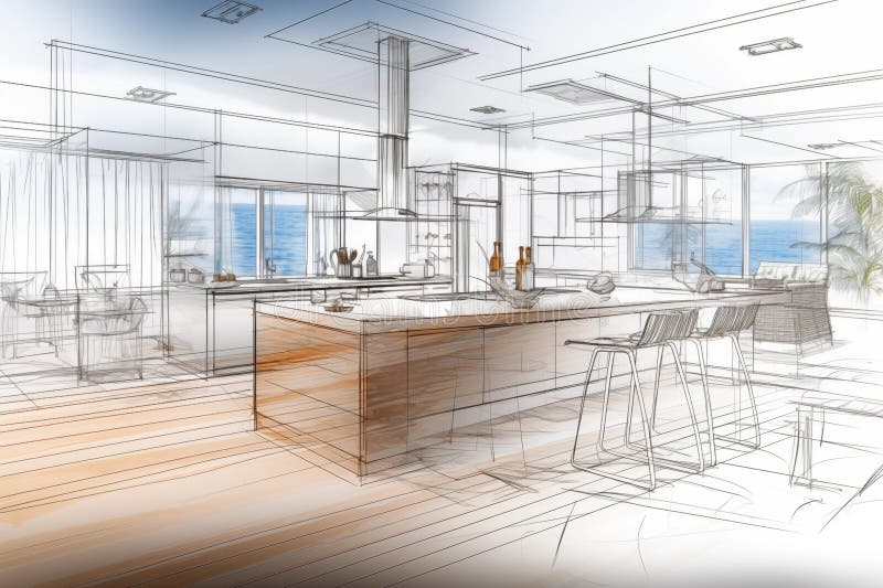 Architectural Pencil Drawing of Kitchen Interior with Wooden Accents ...