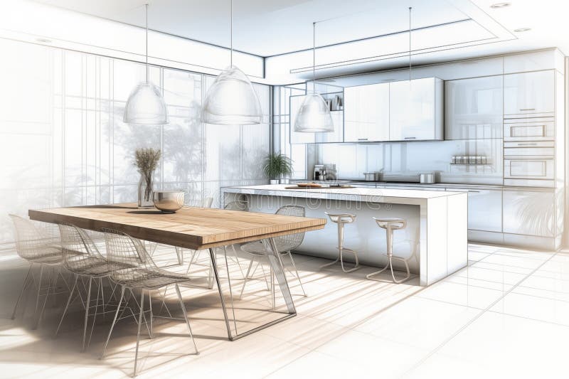 Architectural Pencil Drawing of Kitchen Interior with Wooden Accents ...