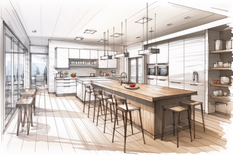 Architectural Pencil Drawing of Kitchen Interior with Wooden Accents ...