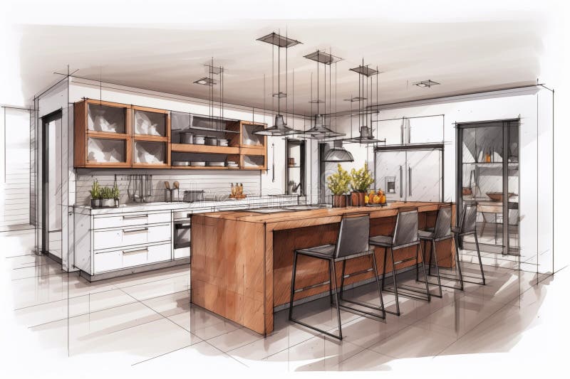 Architectural Pencil Drawing of Kitchen Interior before and after ...