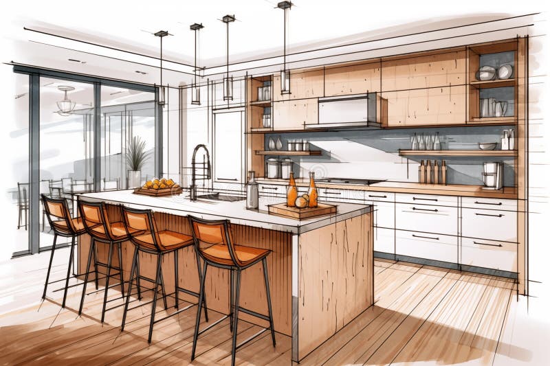 Architectural Pencil Drawing of Kitchen Interior before and after ...