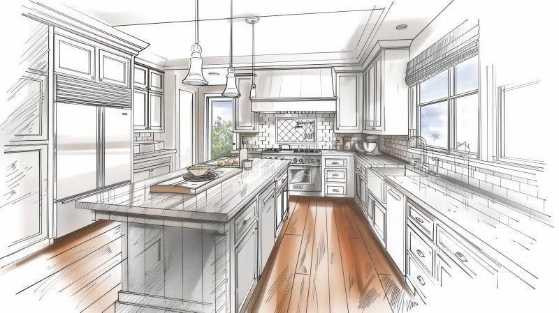 Beautiful Custom Kitchen Design Drawing and Brushed in Photo ...