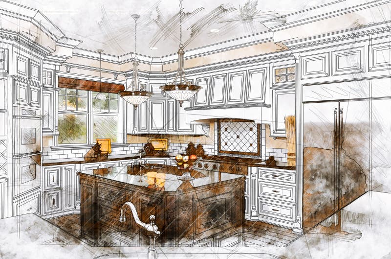 Beautiful Custom Kitchen Design Drawing Illustration Details Stock ...