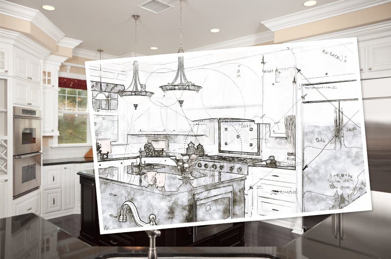 Beautiful Custom Kitchen Design Drawing on Paper Over Finished ...