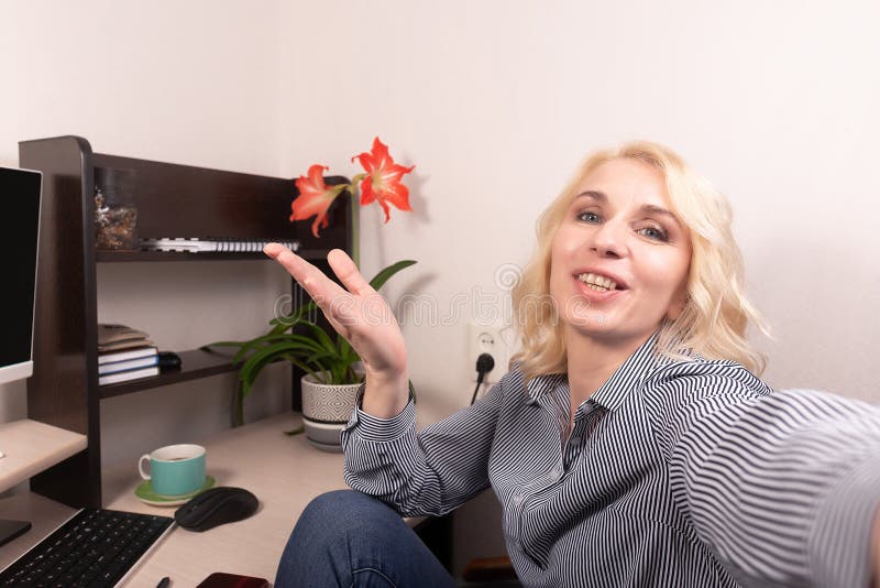 A Beautiful Cute Blonde At Home Takes A Selfie Stock Image Image Of