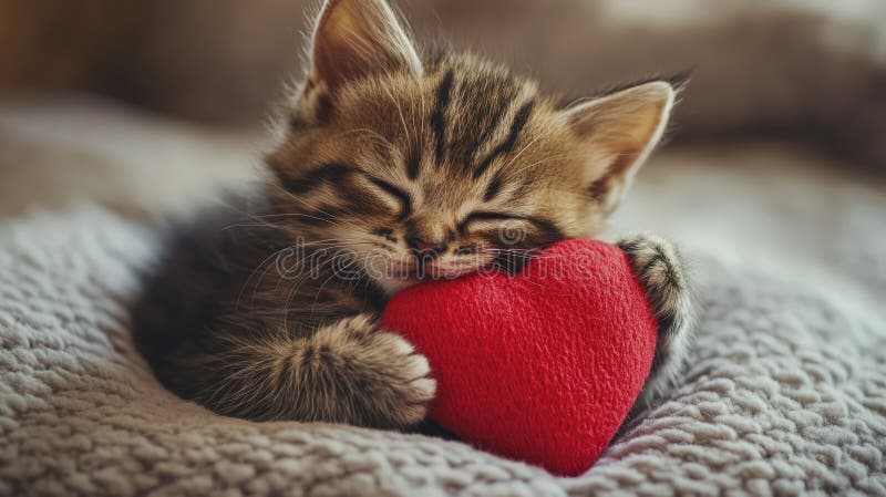 Beautiful Cute Kitten with a Red Heart Stock Photo - Image of heart ...