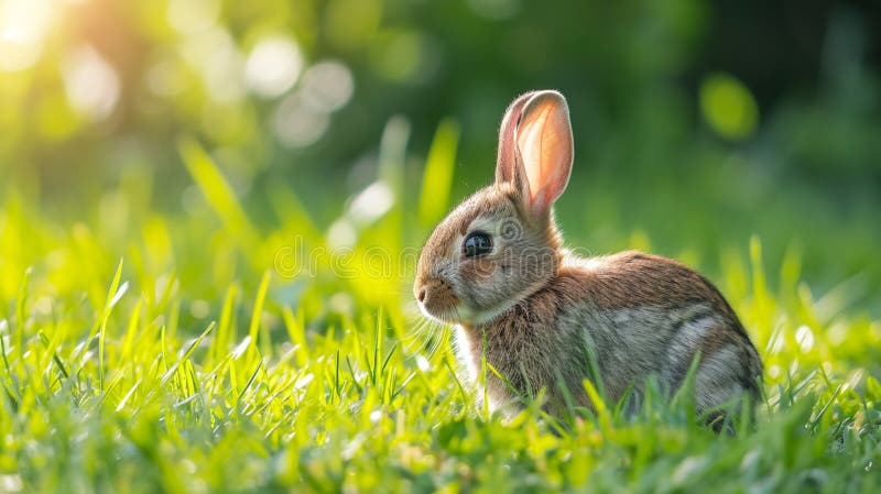 Beautiful Cute Little Bunny In Grass With Ears Up Looking Away Generative Ai Stock Image