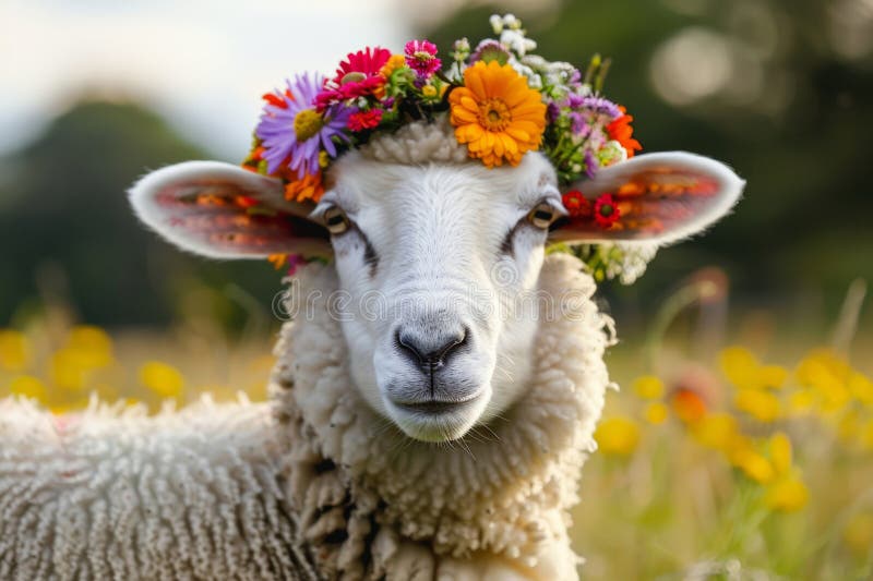 Beautiful Cute Sheep with Flowers Wreath Stock Image - Image of mammal ...