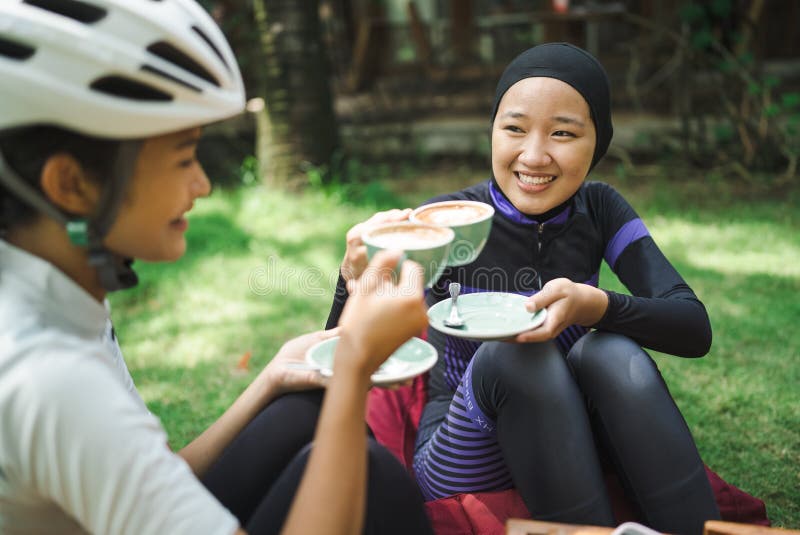 Beautiful Cyclist Having a Tea Break after Long Ride Stock Image ...