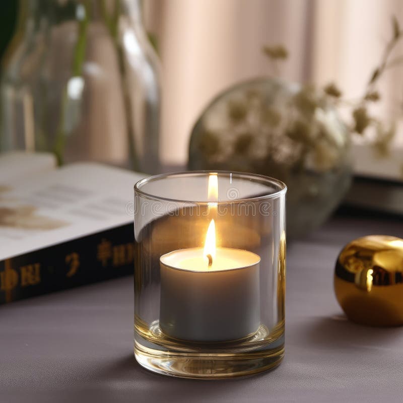 A Beautiful Cylindrical Candle Glowing on Glass Generative AI Stock ...