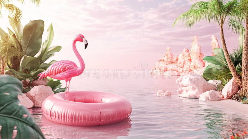 Beautiful 3D Render of Summer Pink Vacation Beach with Flamingo Stock ...